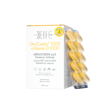 UnoCardio®1000 + Vitamin D 小千金 95%高純度深海魚油+維他命D 60粒 - WHC HK